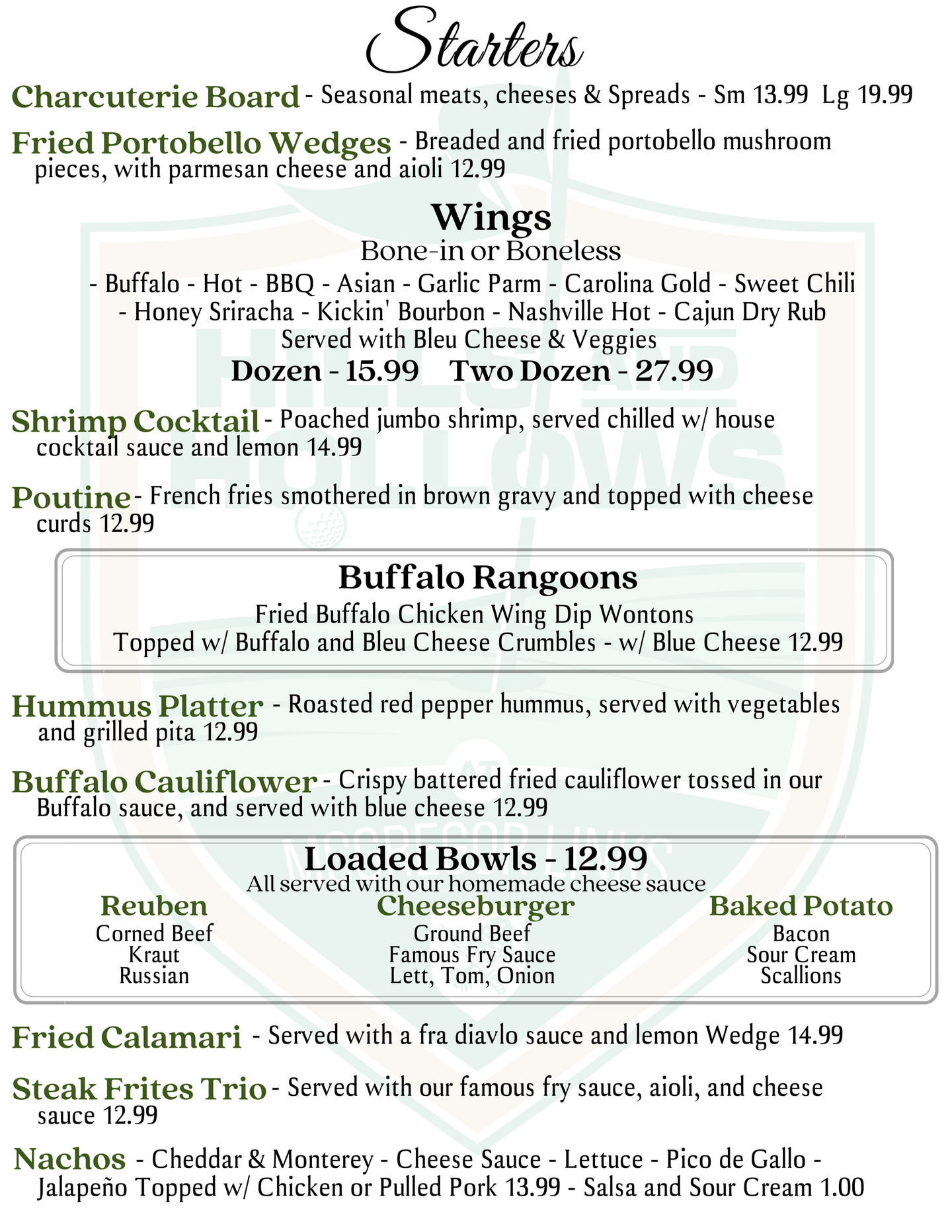 Menu | Hills & Hollows