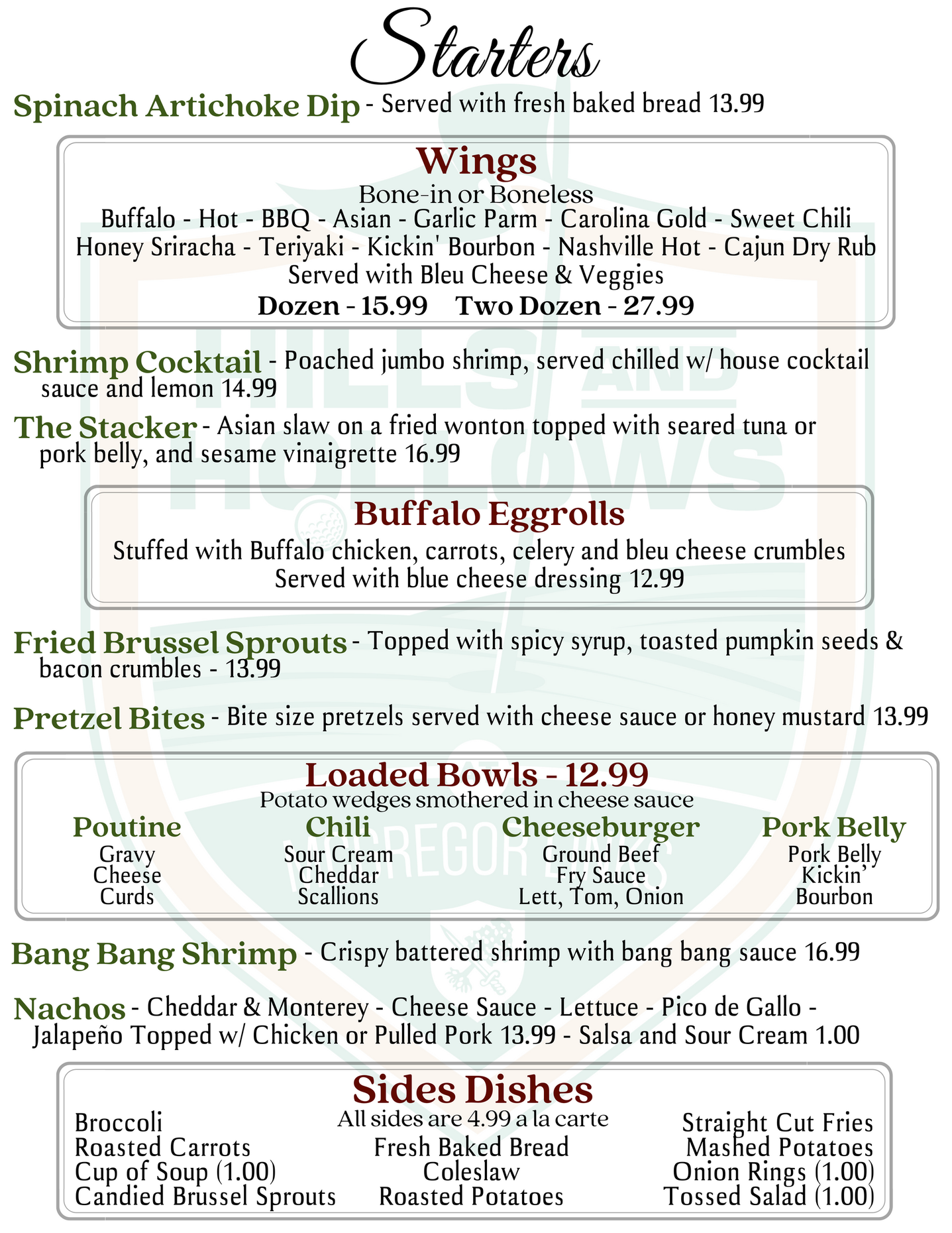 Menu | Hills & Hollows