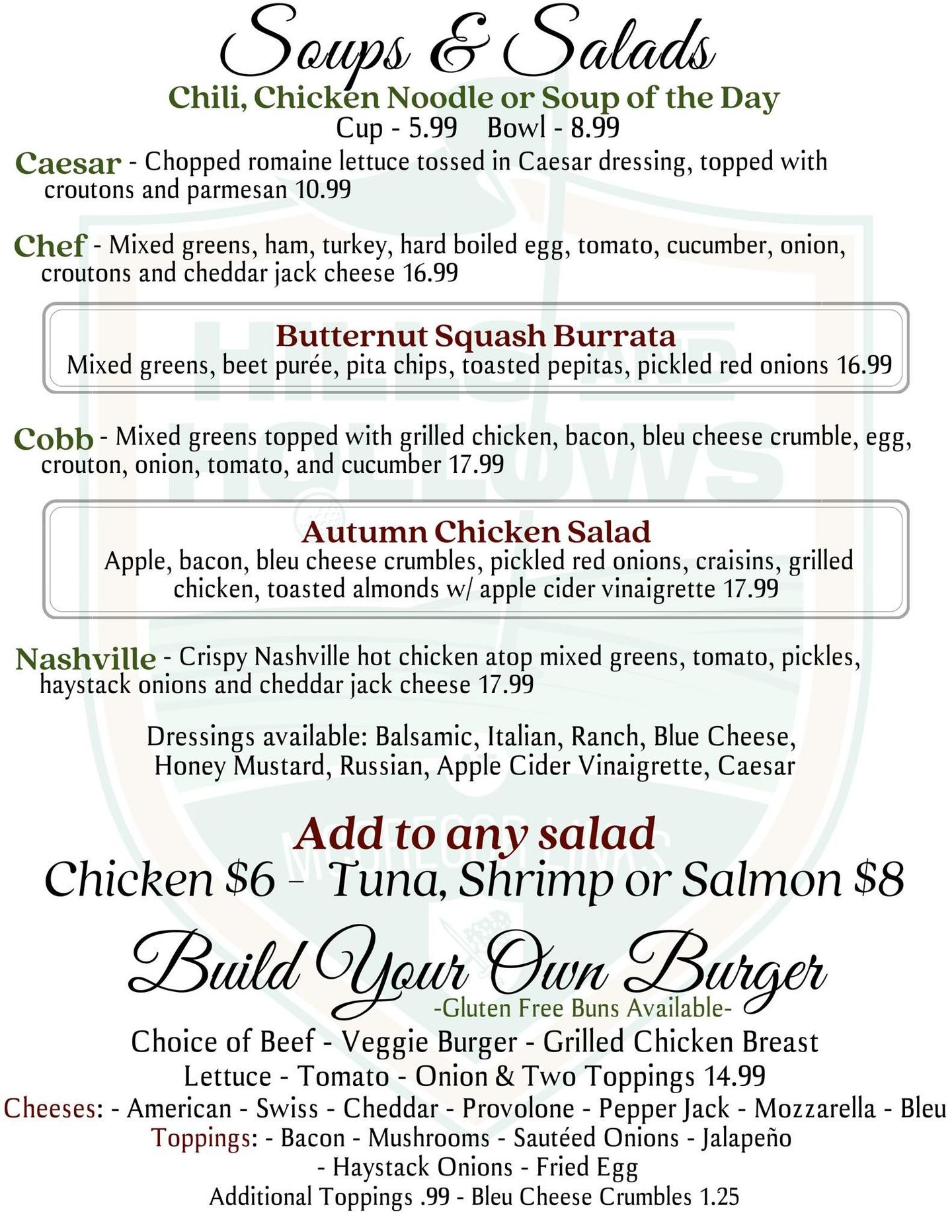 Menu | Hills & Hollows