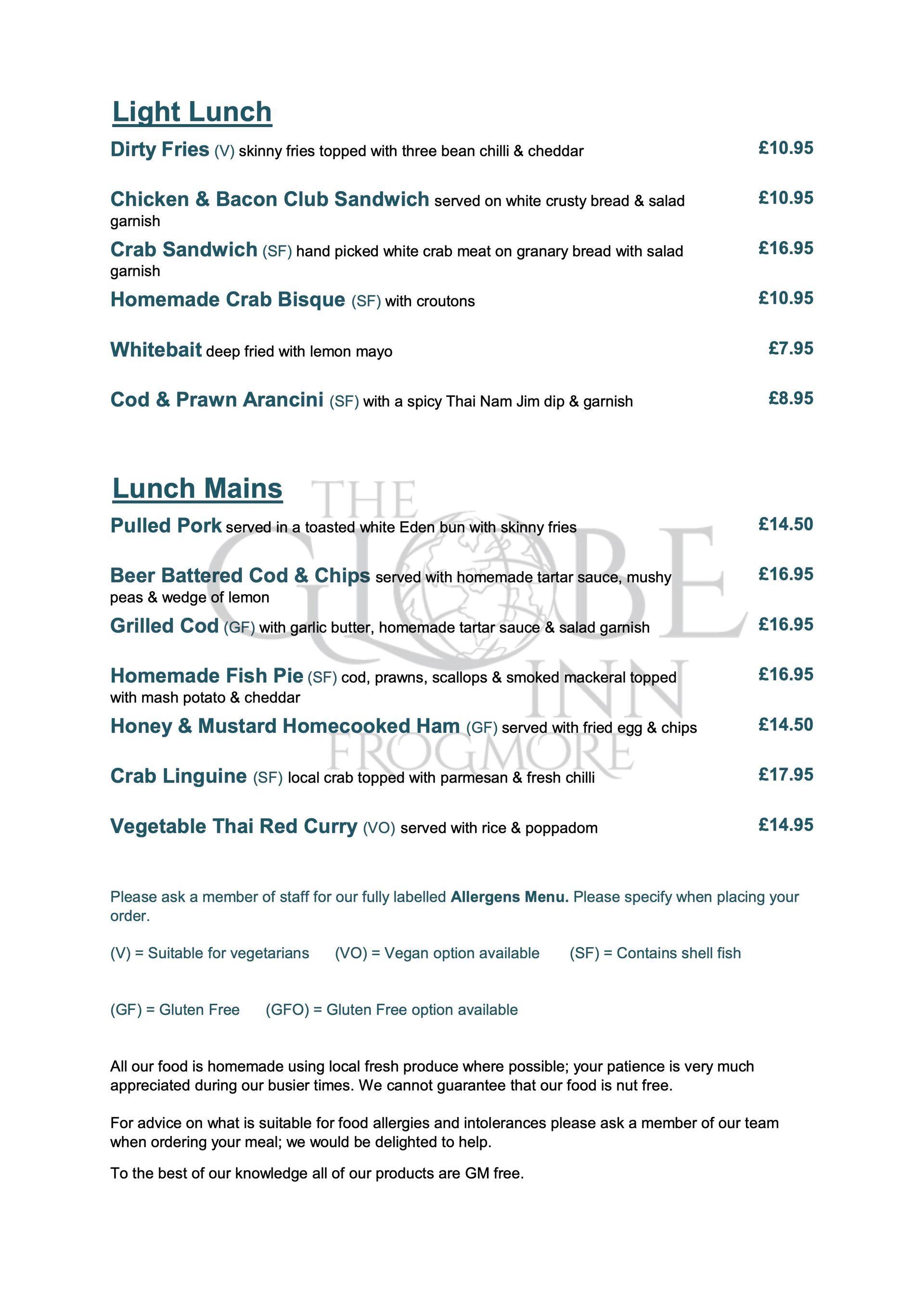 Our Menu – The Globe Inn Frogmore – Homemade, fresh foods near Kingsbridge