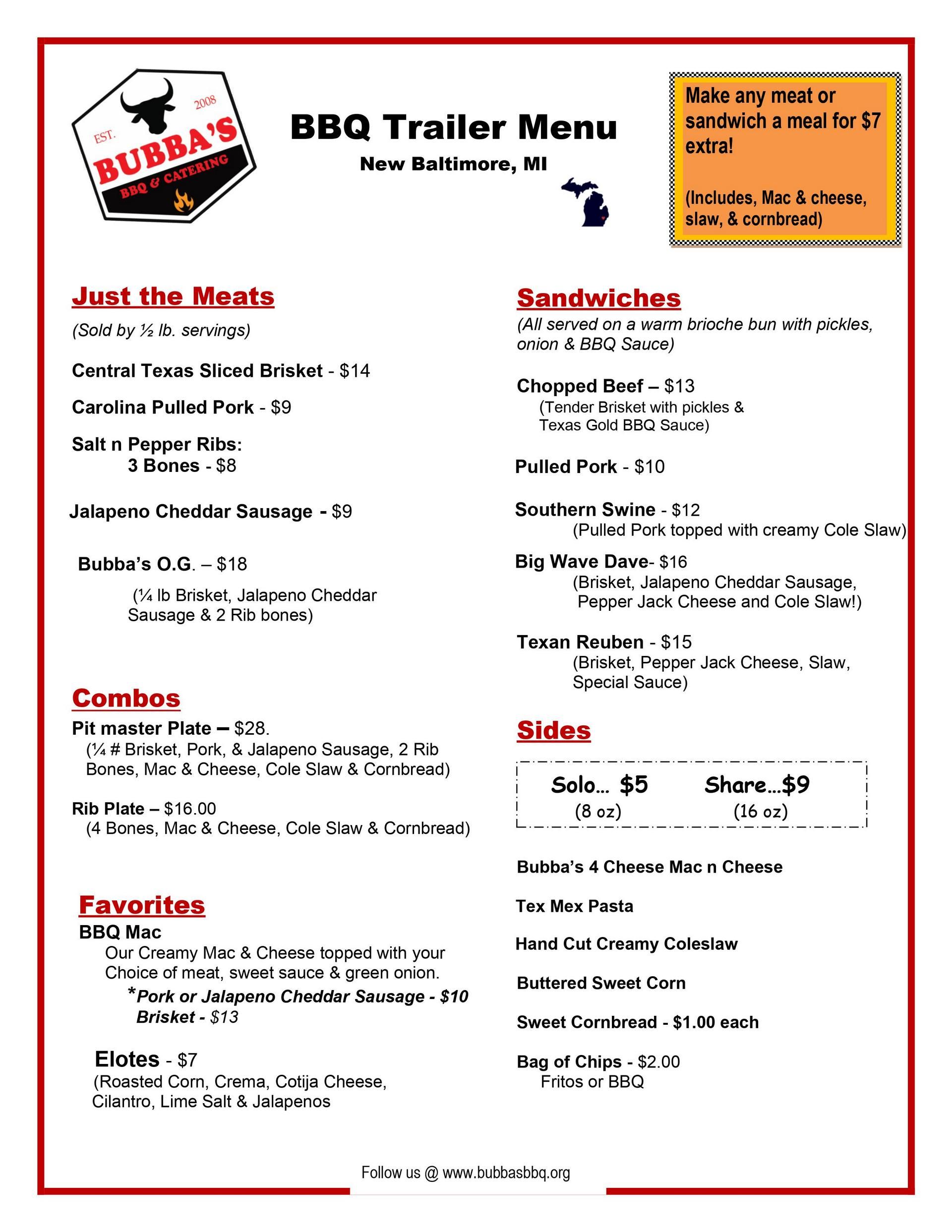 Menu - Bubba's BBQ and Catering - New Baltimore, MI