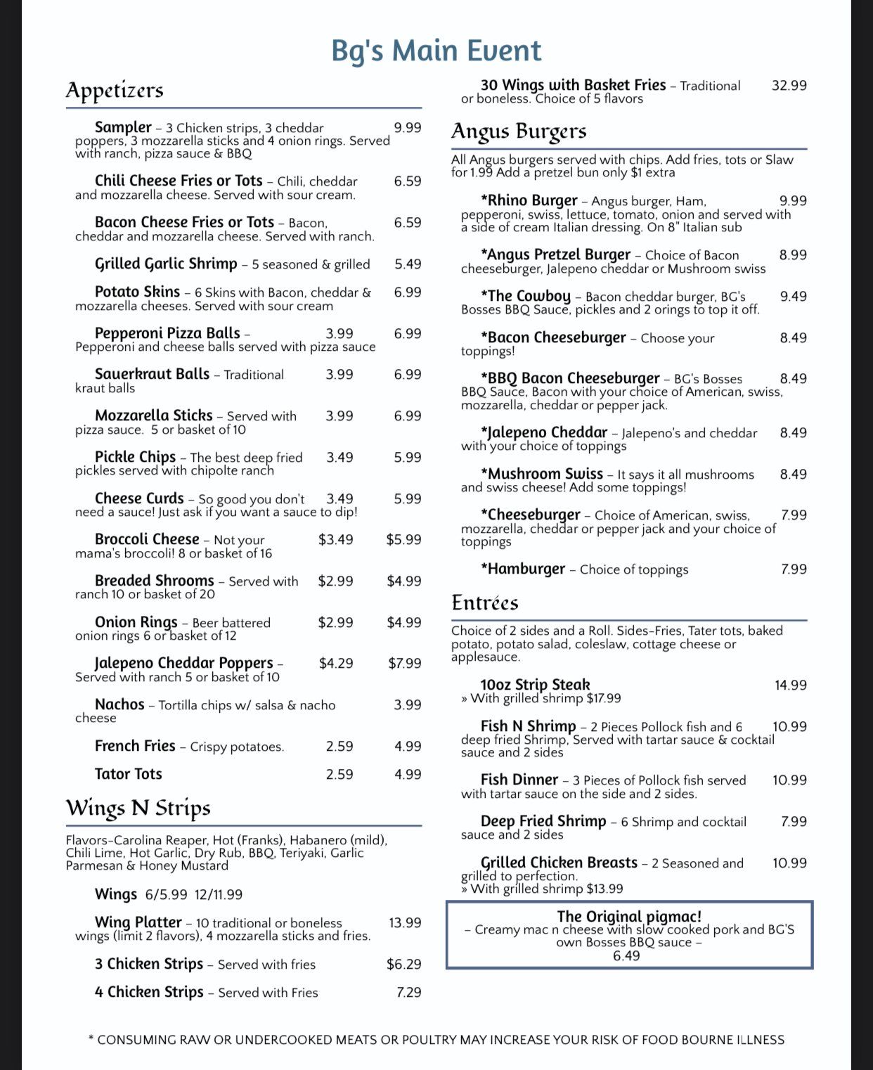 "BG's Main Event Menu - Fresh & Homemade Delicacies in Rittman, OH