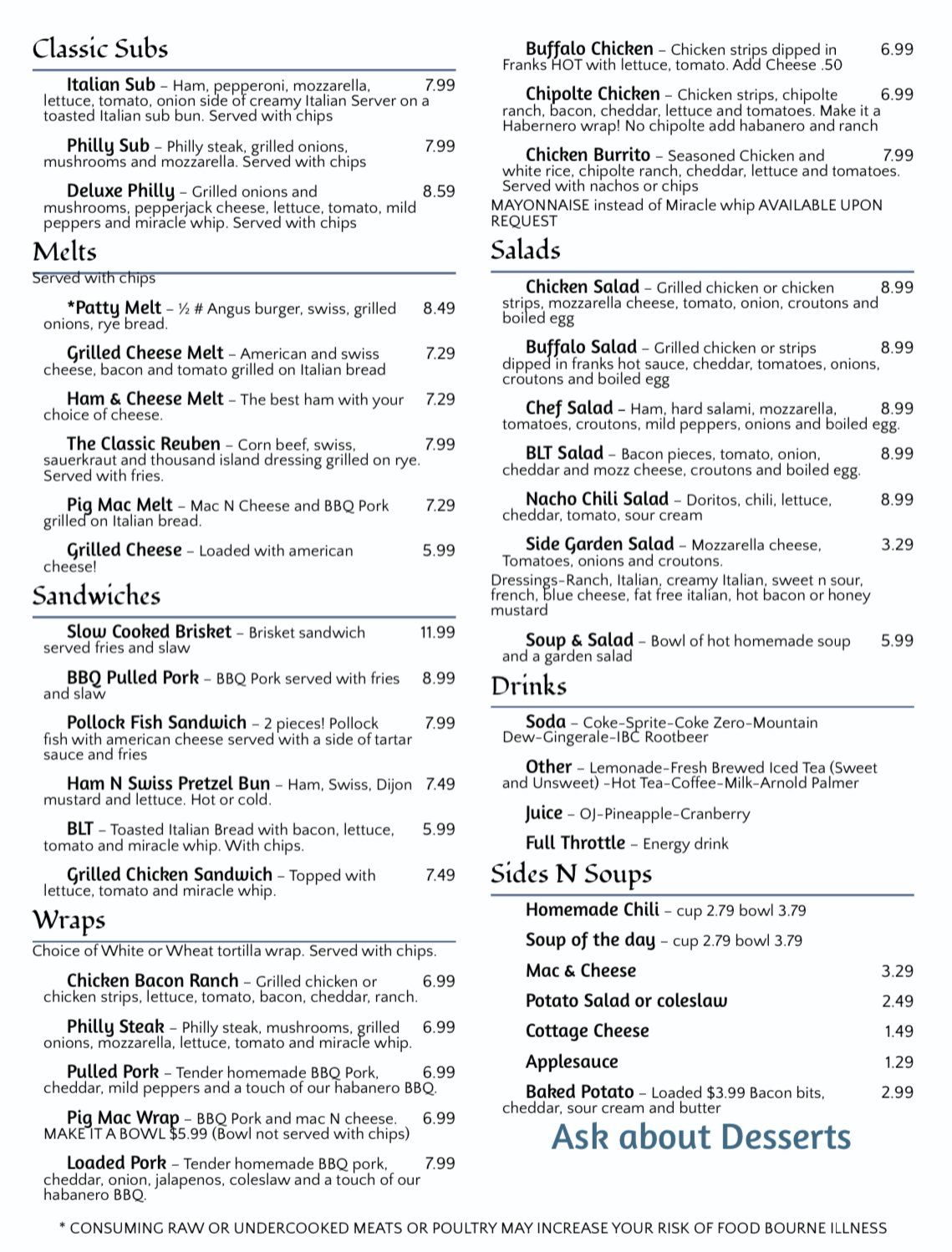 "BG's Main Event Menu - Fresh & Homemade Delicacies in Rittman, OH