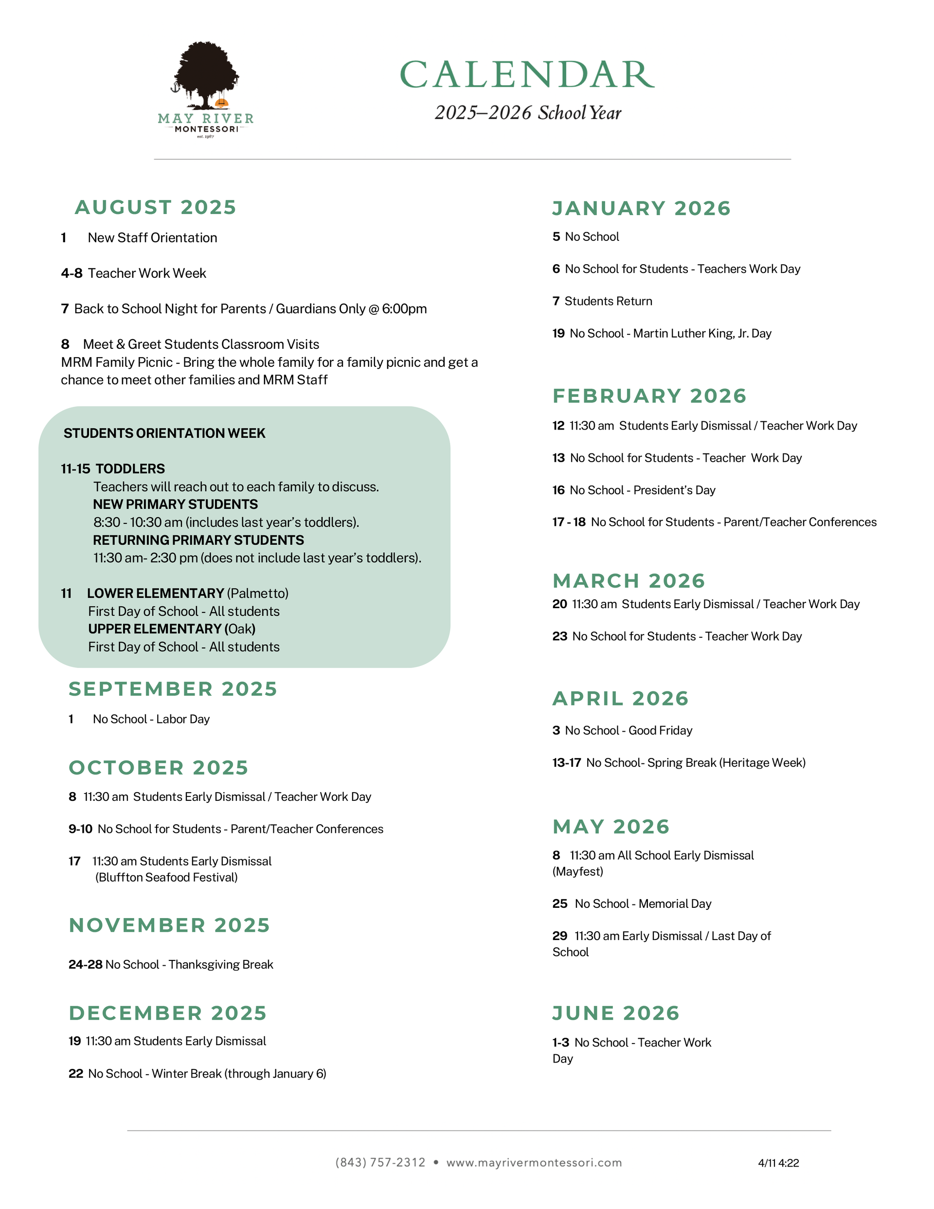 School Calendar | May River Montessori | Bluffton, SC