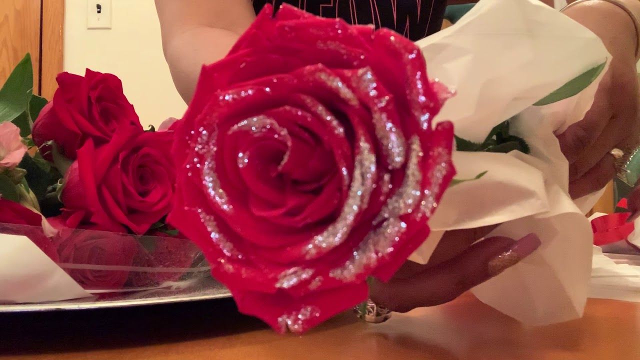DIY Glitter Real Long Stem Red Roses