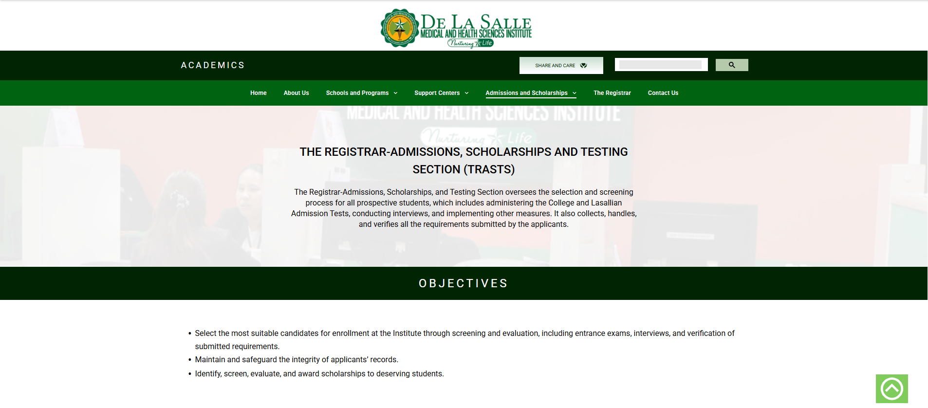 Admissions and Scholarships | DLSMHSI