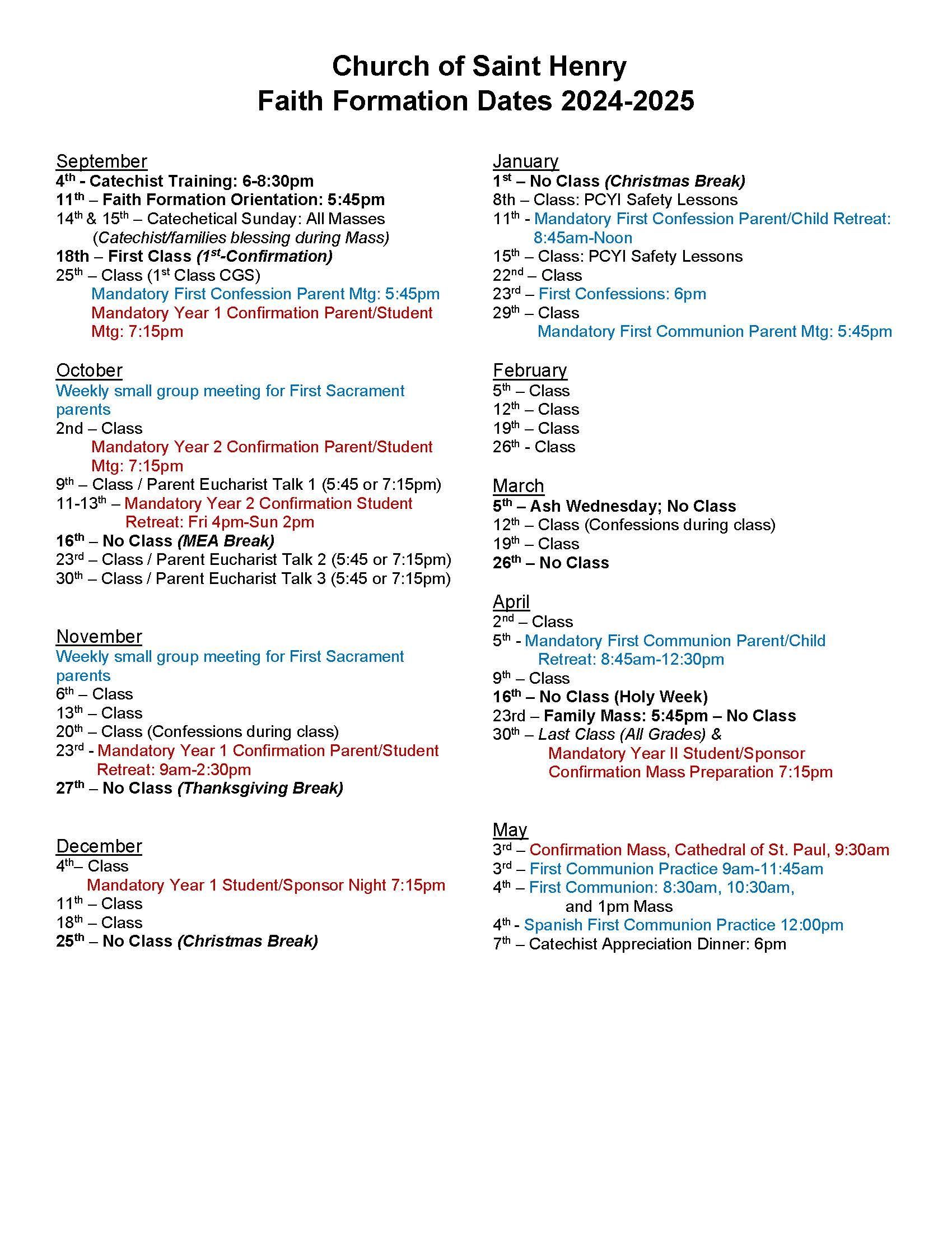 Faith Formation Calendar