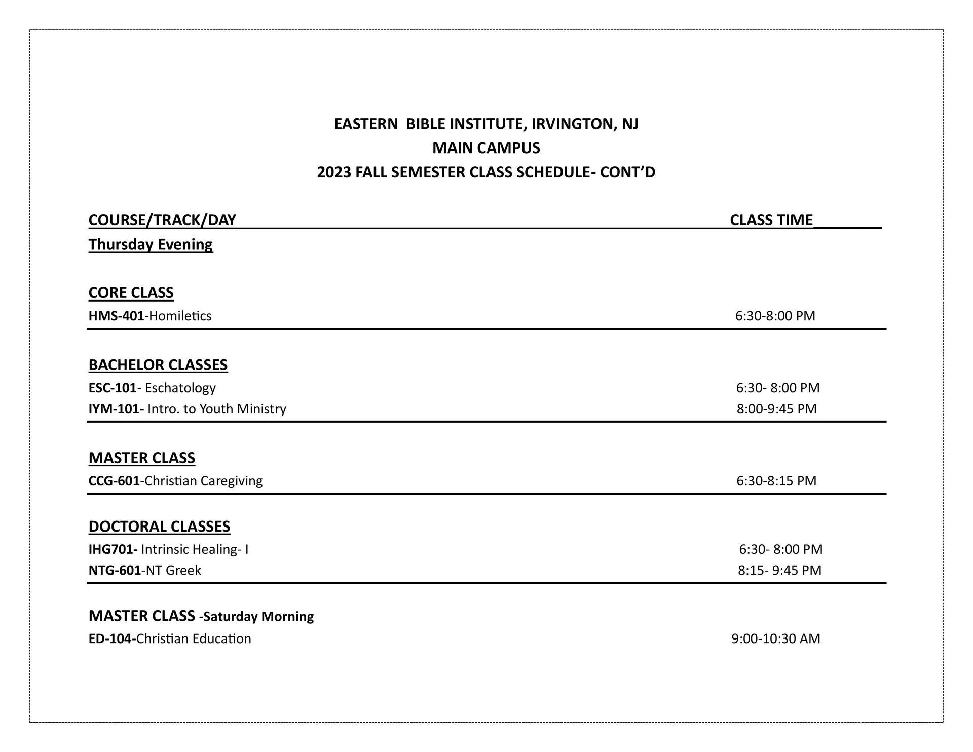 Calendar | Eastern Bible Institute