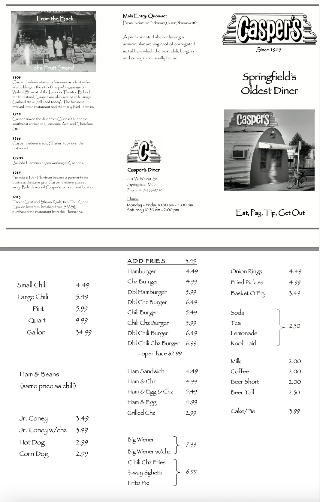 Casper's Diner Menu