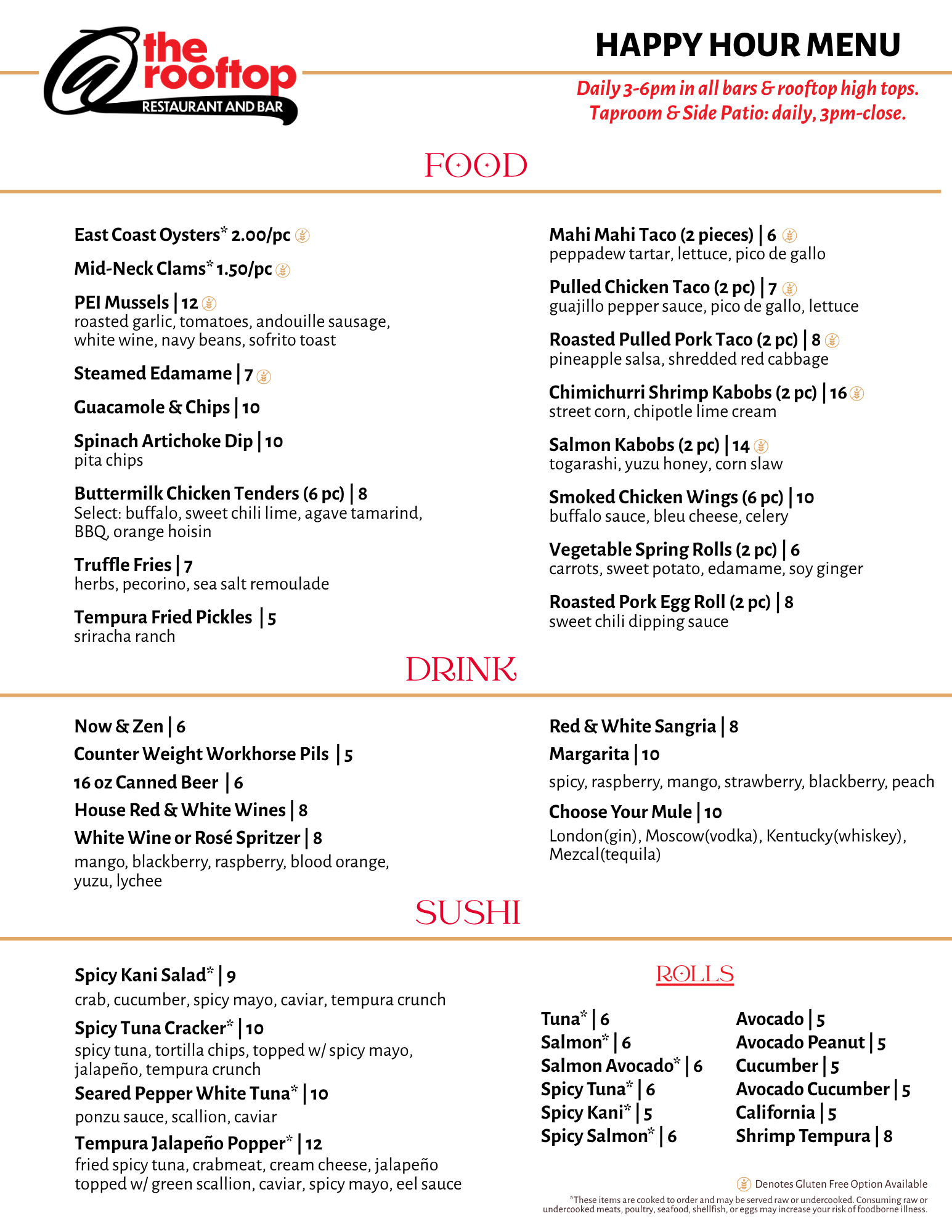 Lunch and Dinner Menu | At The Rooftop Restaurant in Canton, CT.