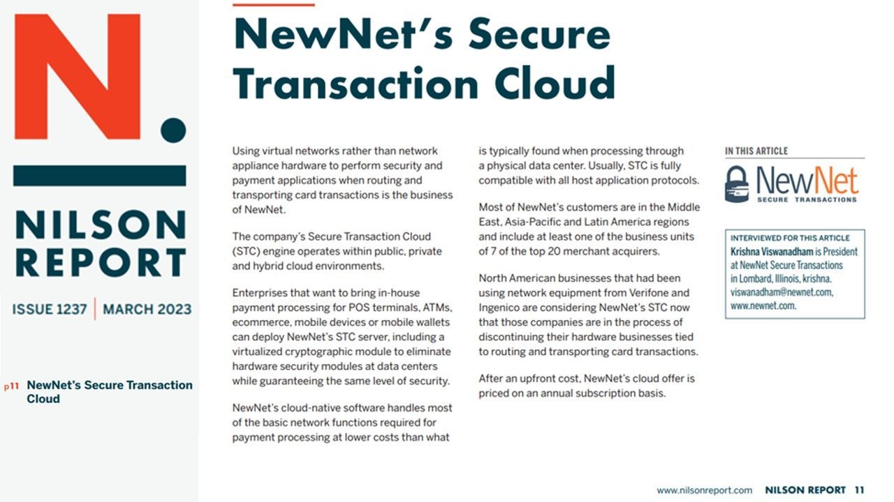 Nilson Report Features NewNet’s Secure Transaction Cloud(STC) Payment ...