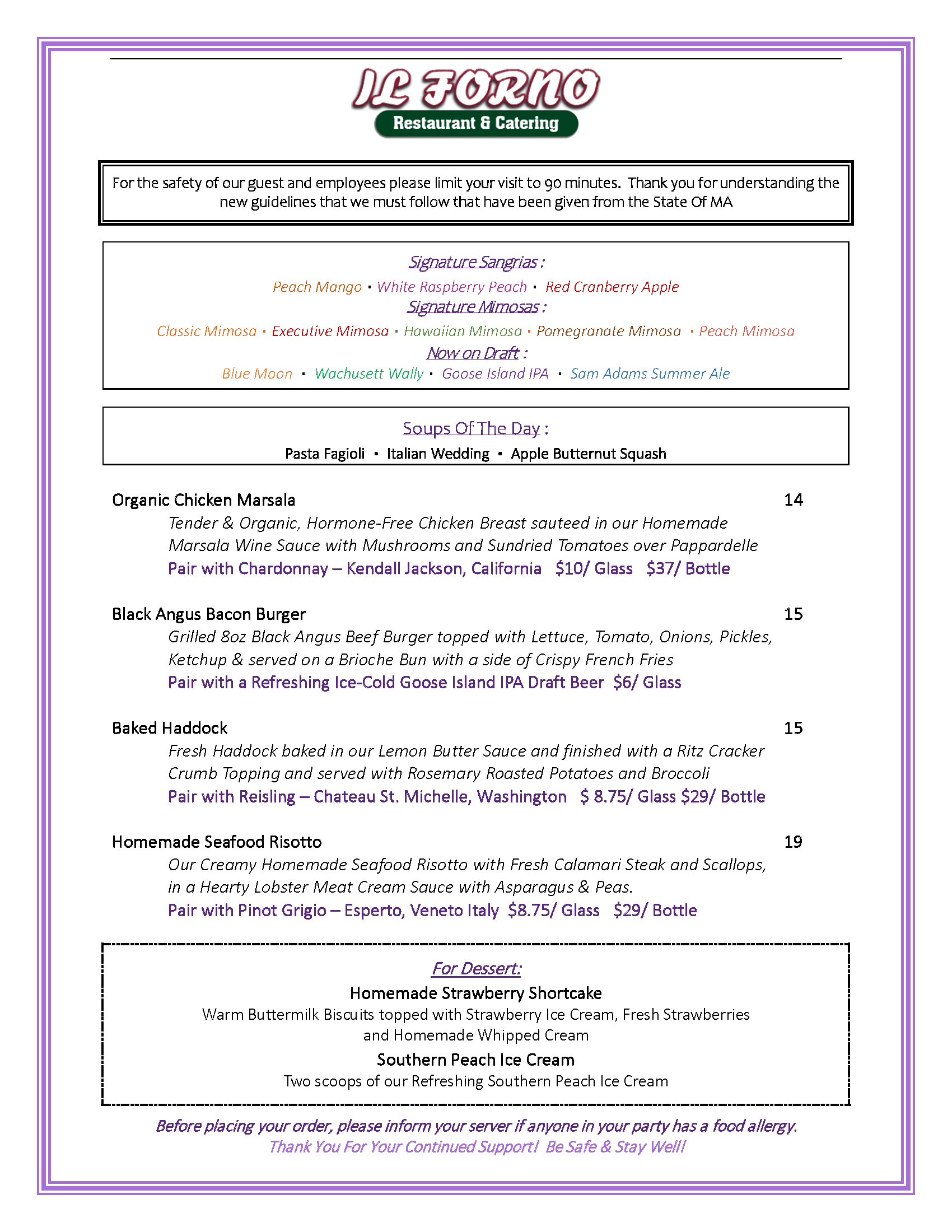 Lunch Special Menu Littleton, MA - Il Forno Restaurant & Catering