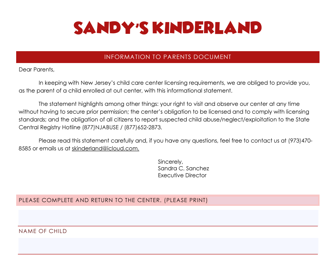 Download Forms for Registration | Sandy's Kinderland