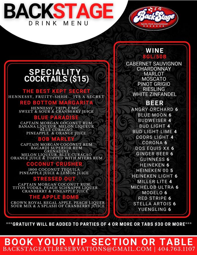 Menu - Backstage Atlanta