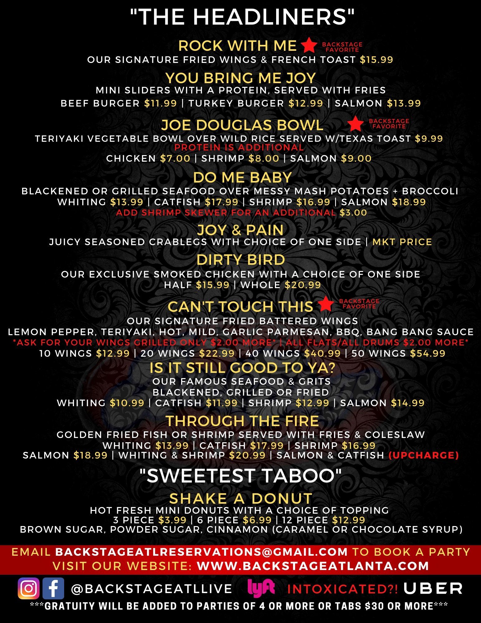 Menu - Backstage Atlanta