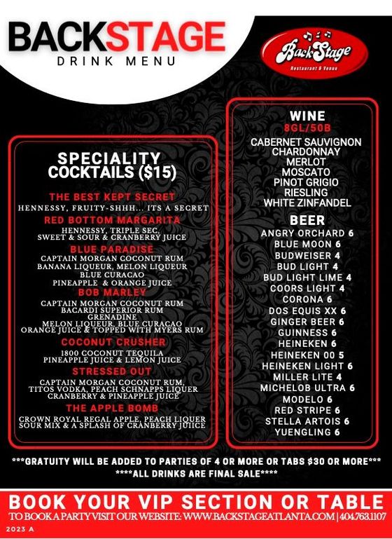 Menu - Backstage Atlanta