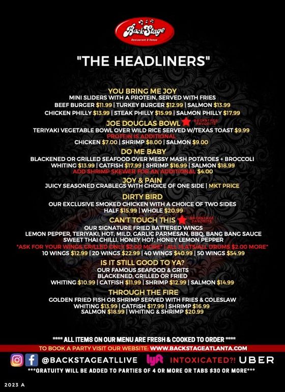Menu - Backstage Atlanta