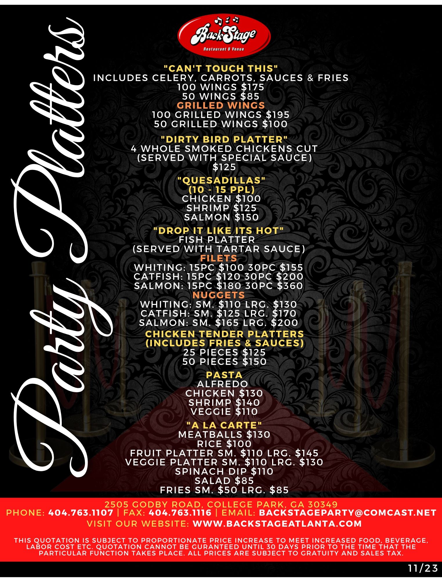 Food Menu | Atlanta, GA | Backstage Atlanta