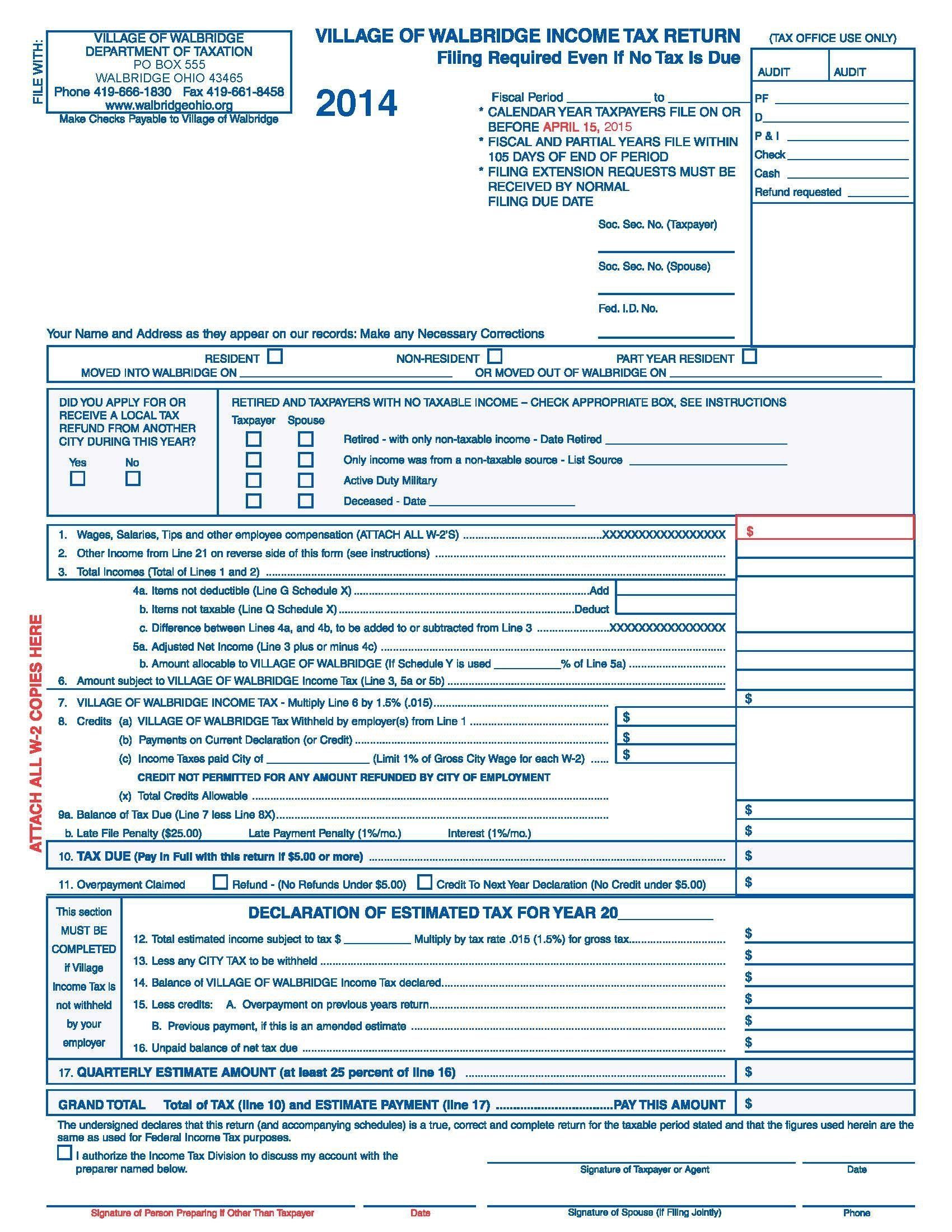 Village of Walbridge Ohio Tax Forms