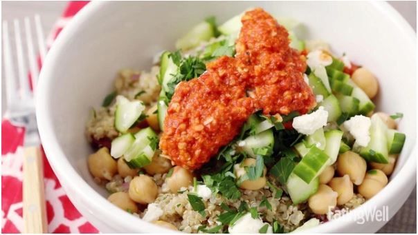 Chickpea & Quinoa Bowl with Roasted Red Pepper Sauce
