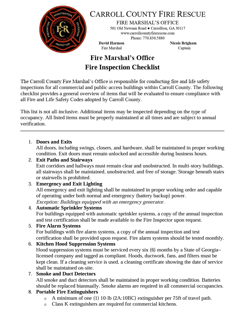 Fire Marshal Inspection Checklist | Forms On Fire