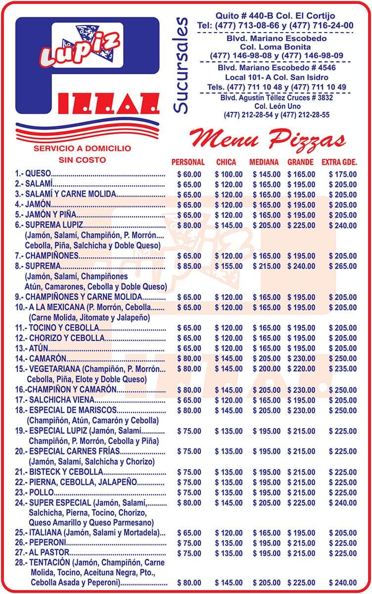 Menú de LUPIZ PIZZAZ