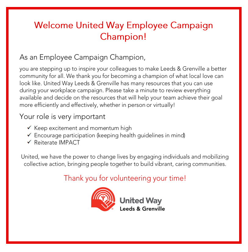 Employee Campaign Champion Resources | United Way Leeds & Grenville