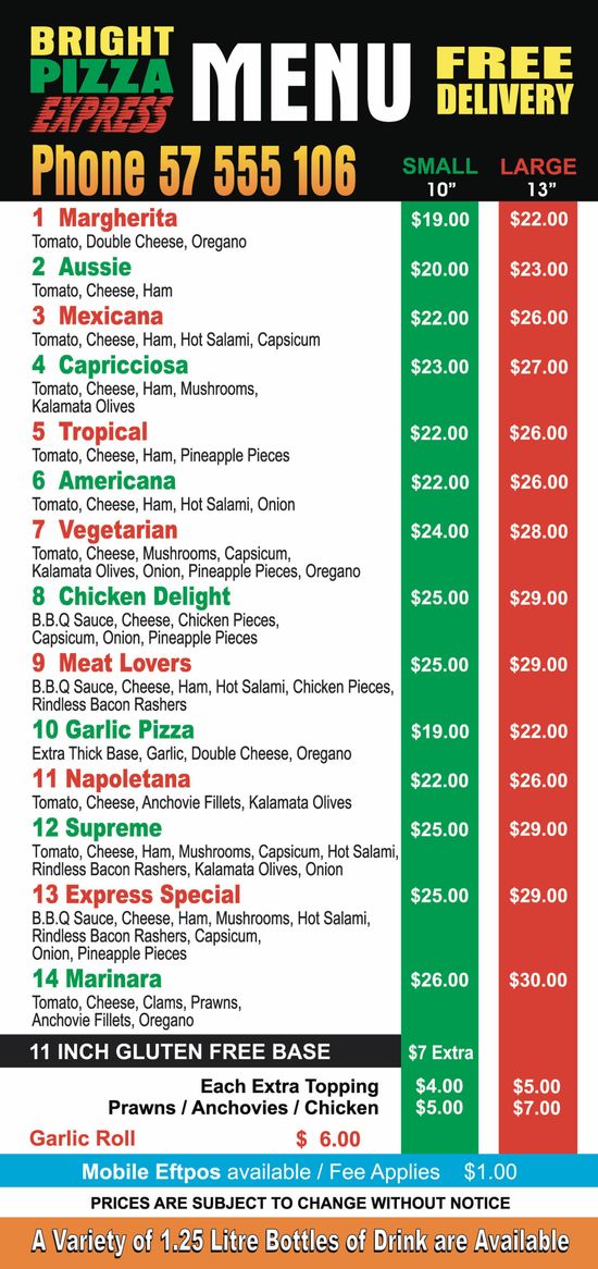 Pizza menu Bright - Bright Pizza Express