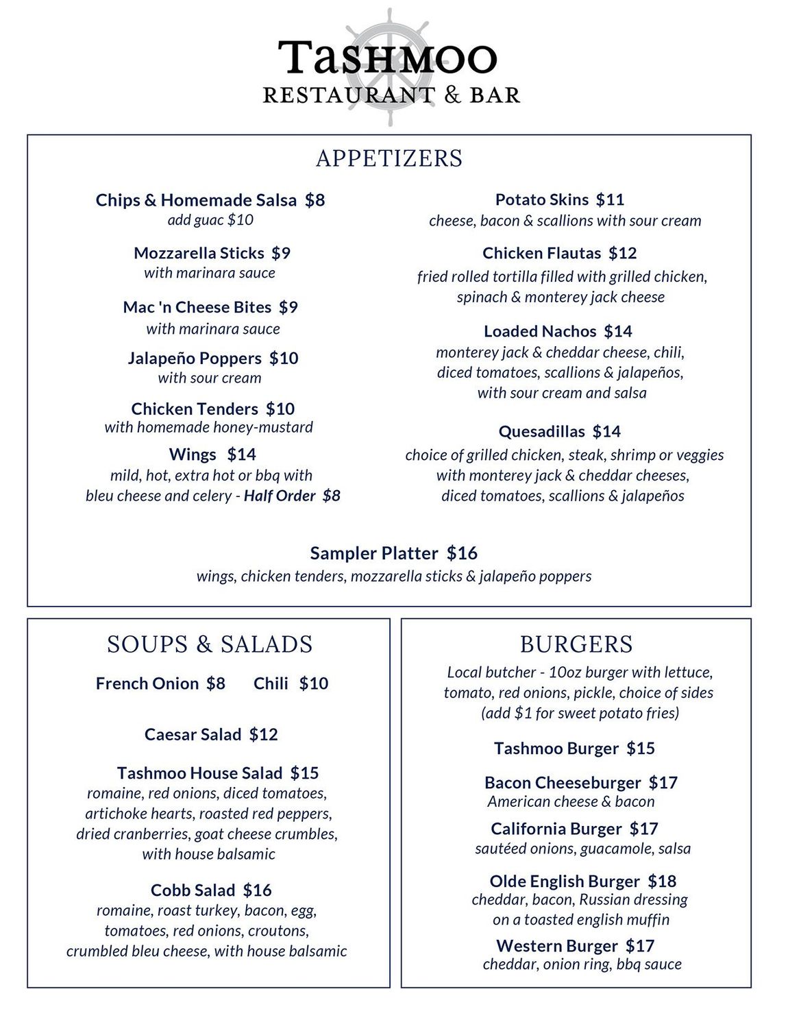 Food Menu | Tashmoo Bar & Restaurant | Morristown NJ